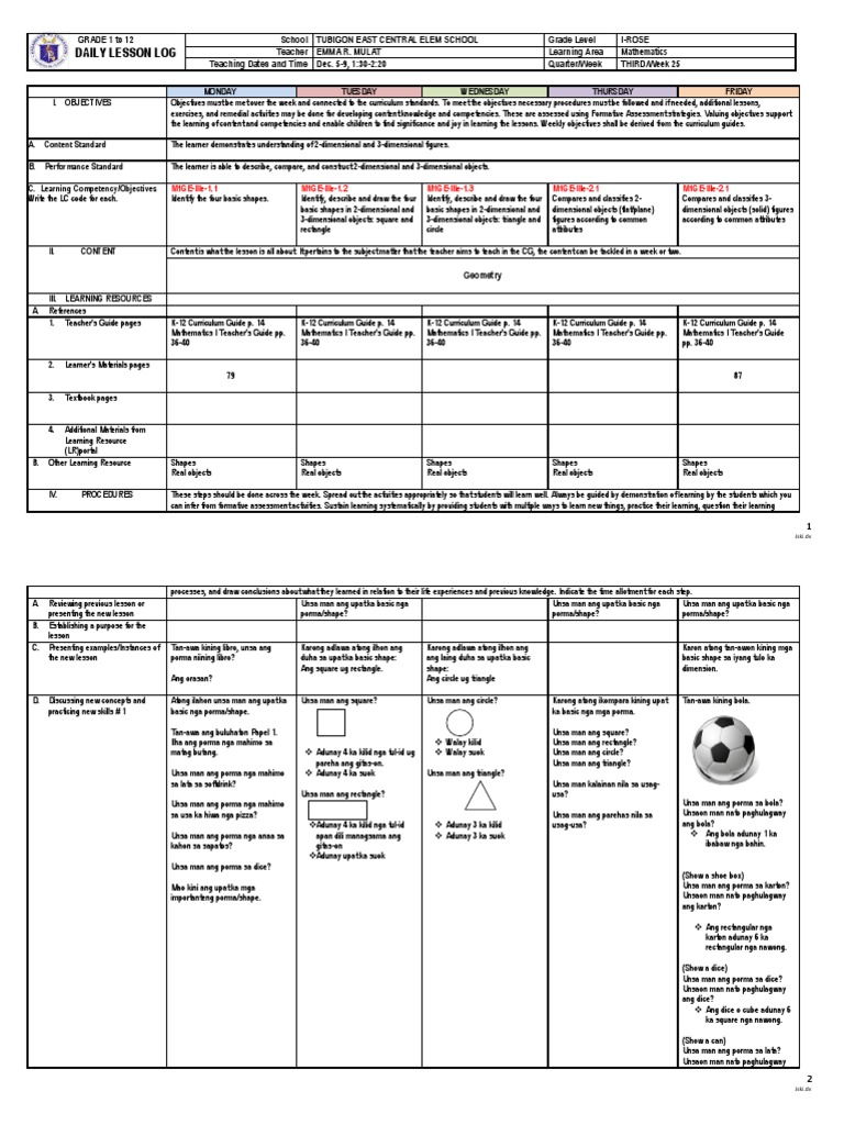 Grade 1 Math Daily Lesson Log | PDF | Curriculum | Teachers