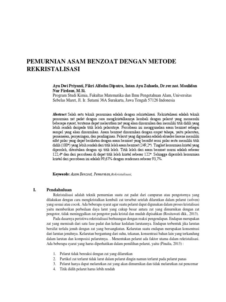 Pemurnian Asam Benzoat: Rekristalisasi | PDF