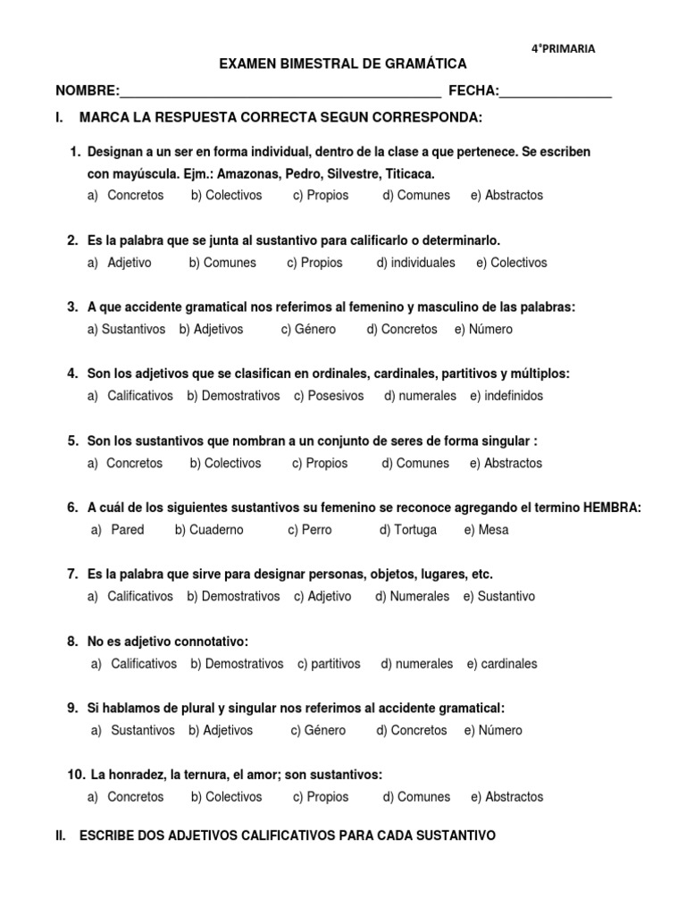 Examen Bimestral de Gramática 4° Primaria | PDF | Sustantivo | Adjetivo