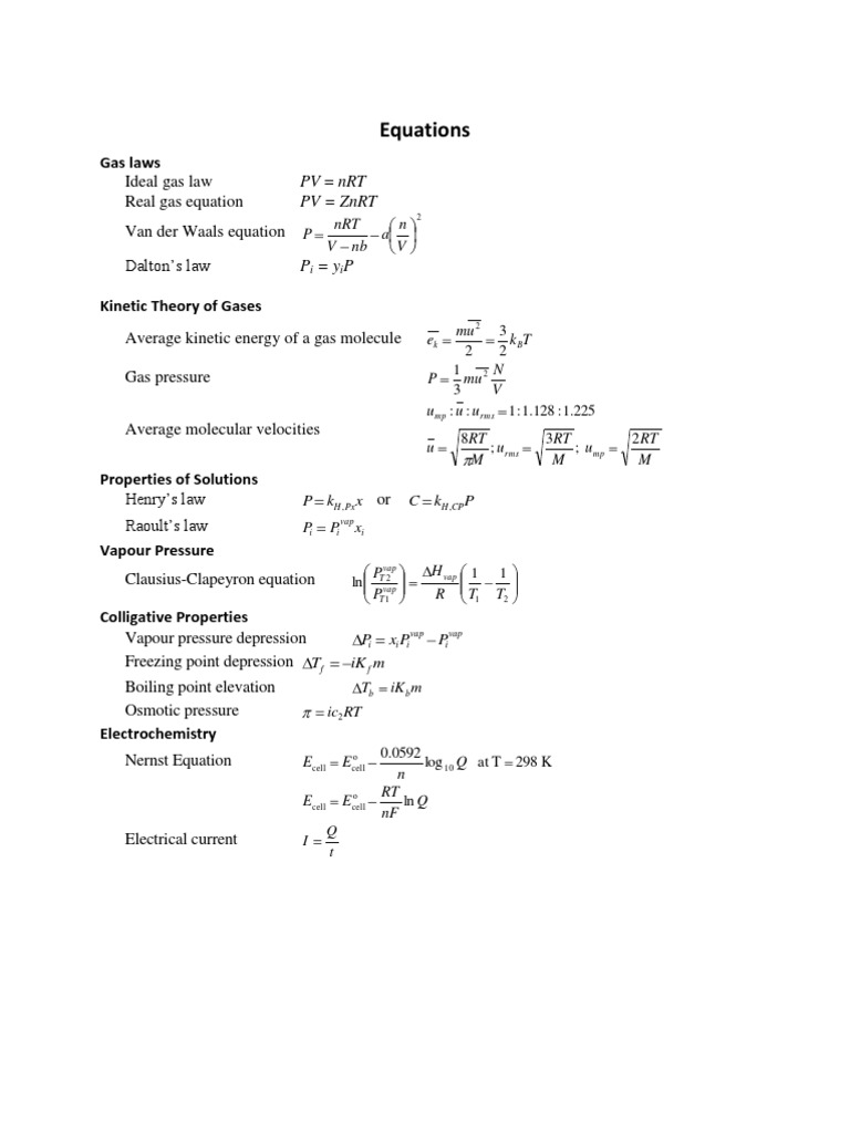 CHE 102 Formula Sheets[1] | Mole (Unit) | Gases