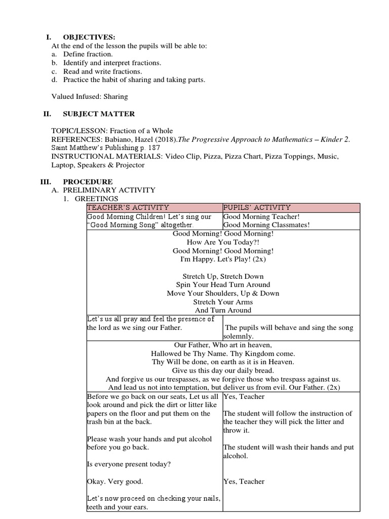 Detailed Lesson Plan - Fractions of A Whole For Kindergarten | PDF ...