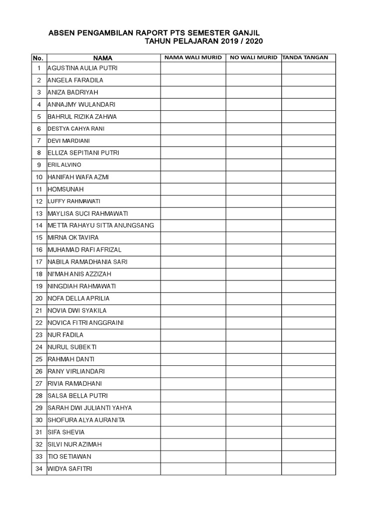 Daftar Hadir Pengambilan Rapot | PDF