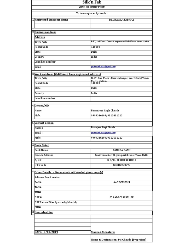 Vendor Setup Form | PDF