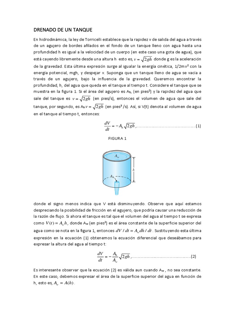 Drenado de Un Tanque | PDF | Ecuaciones | Tanques