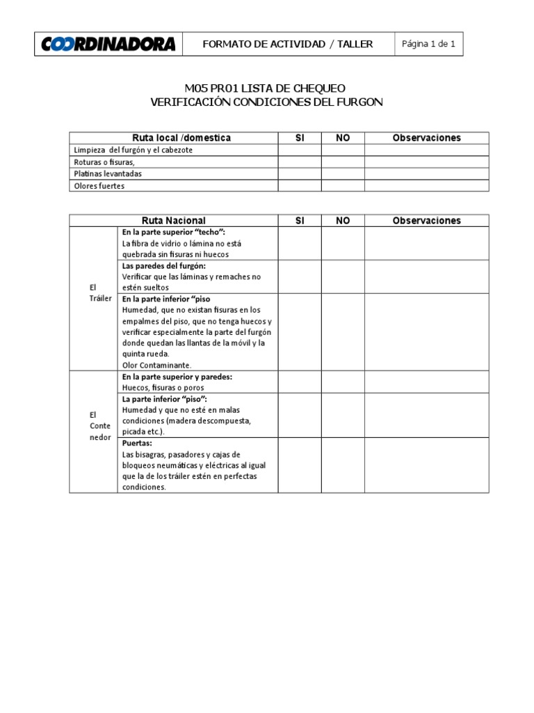 M05 PR 01 Lista de Chequeo Condiciones Del Furgón y Trailer | PDF