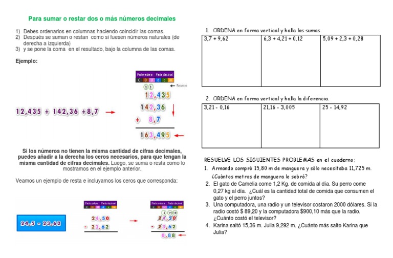 Suma y Resta de Decimales Guia 2 | PDF