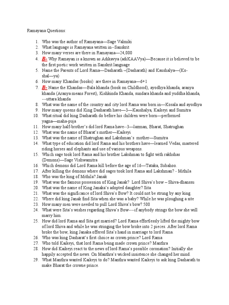 Ramayana Questions | PDF | Sita | Rama