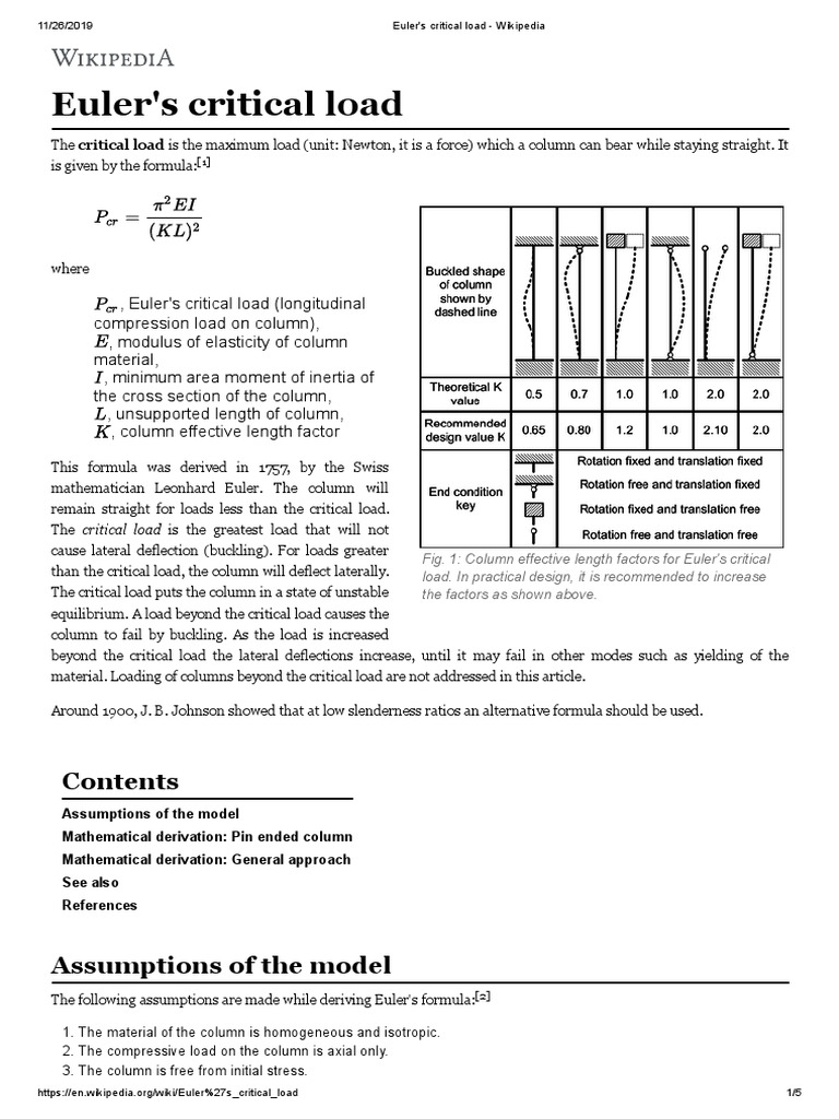 Euler's Critical Load | PDF | Buckling | Bending
