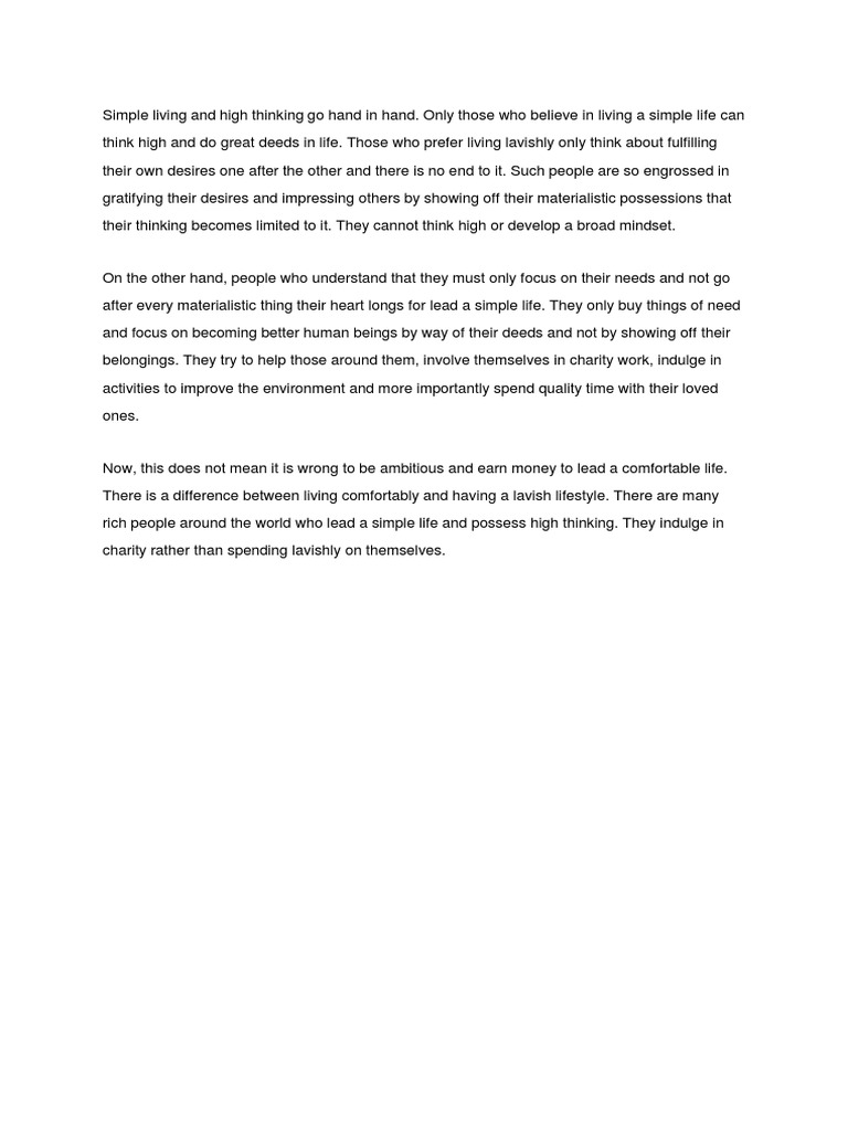 Simple Living and High Thinking Go Hand in Hand | PDF