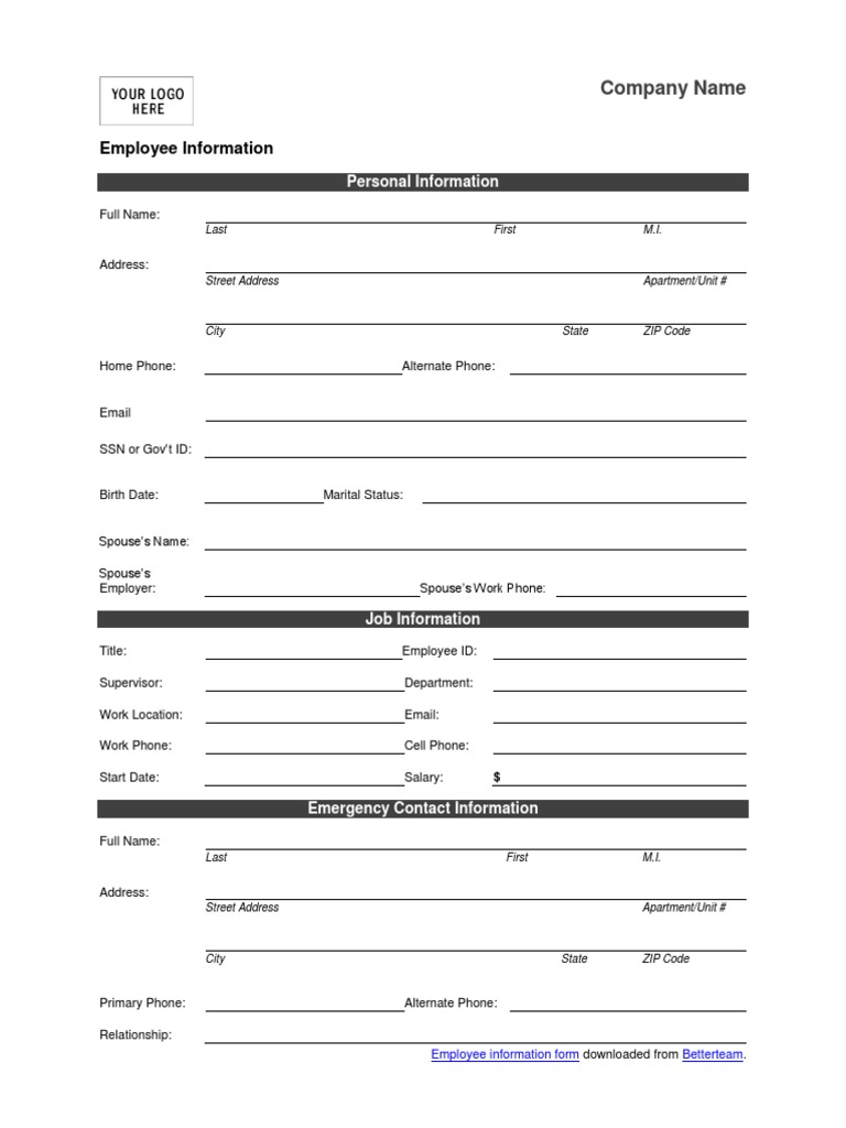 Employee Information Form Download 20170810 | PDF