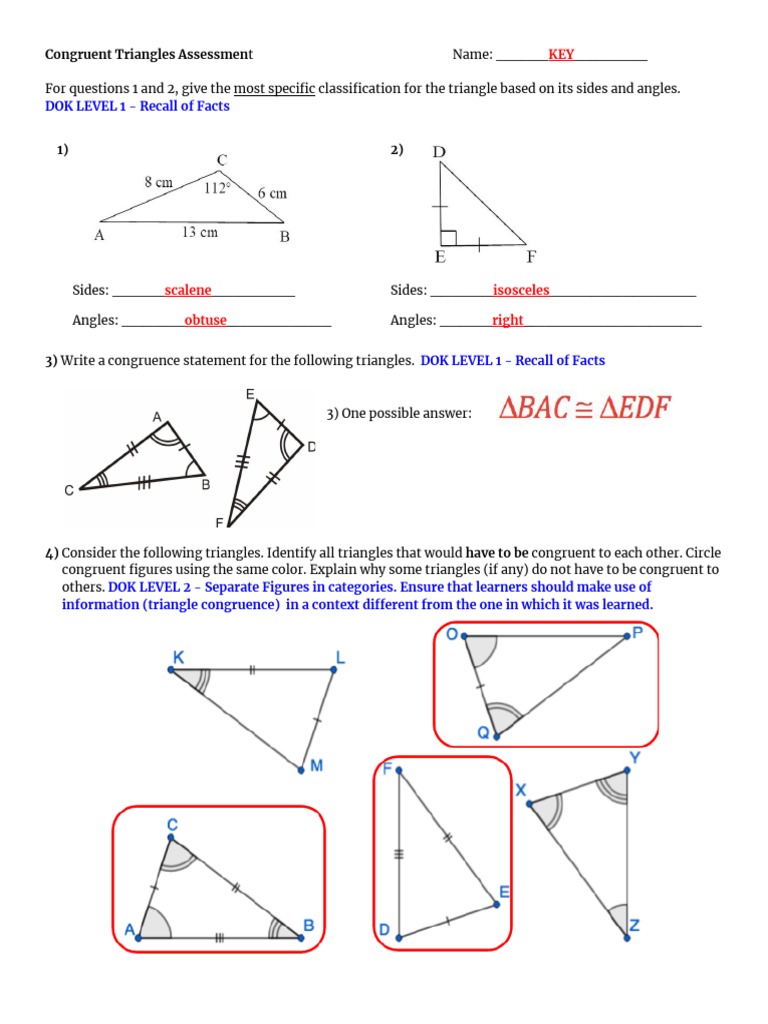 Congruent Triangles Unit Assessment Answer Key With Dok Levels | PDF ...