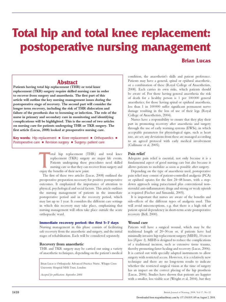 Total Hip and Total Knee Replacement Post Operatif Nursing Management ...