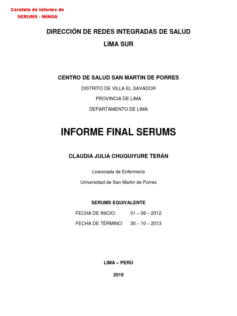Modelo de Caratula de Informe de Serums | PDF