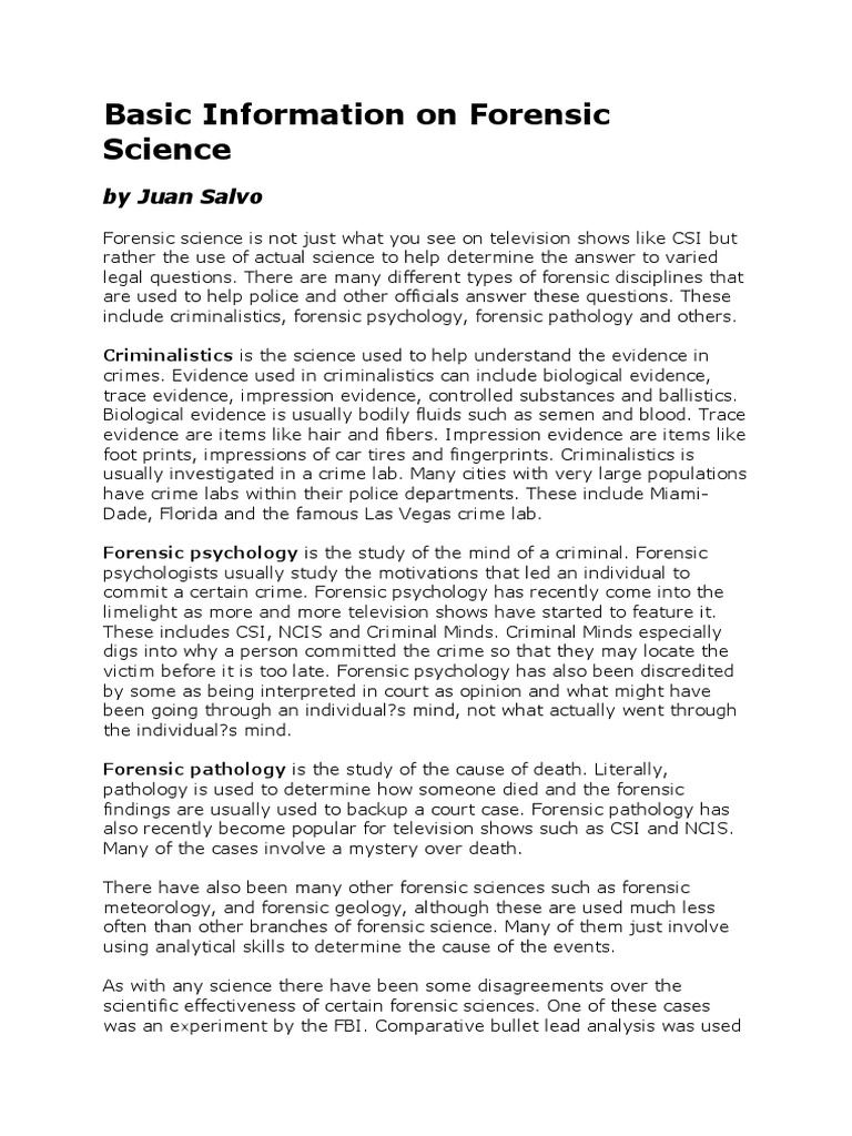 Basic Information On Forensic Science | PDF | Forensic Science | Psychology