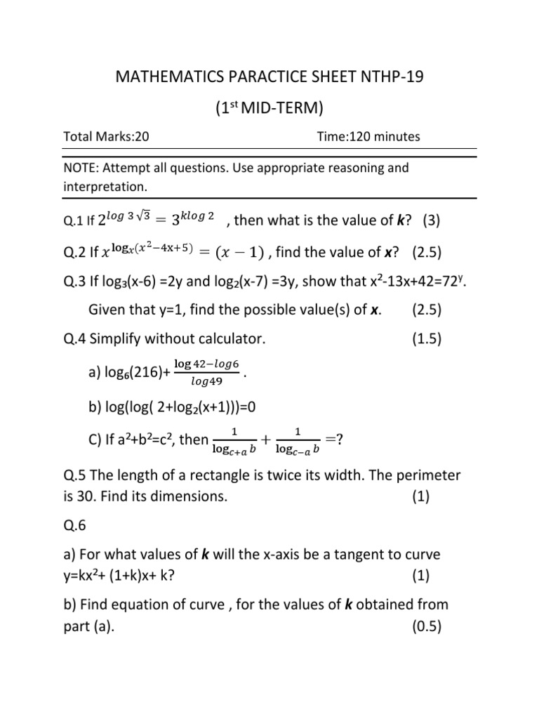 Practice Sheet For Log, Simultaneous and Quadratic Equations | PDF ...