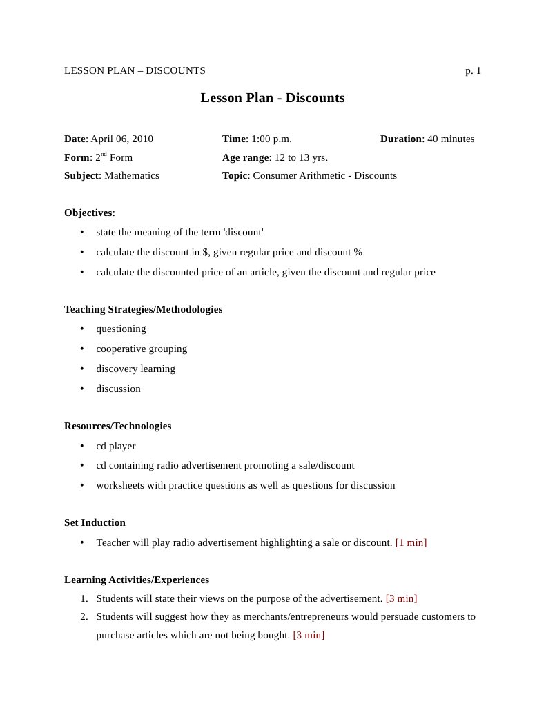 Lesson Plan on Discounts for Students | PDF | Lesson Plan | Marketing