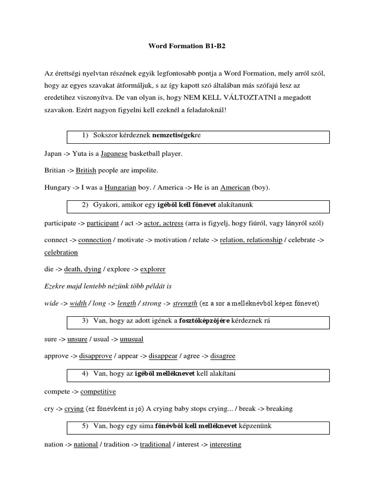 1) Word Formation Szabályok B1 | PDF