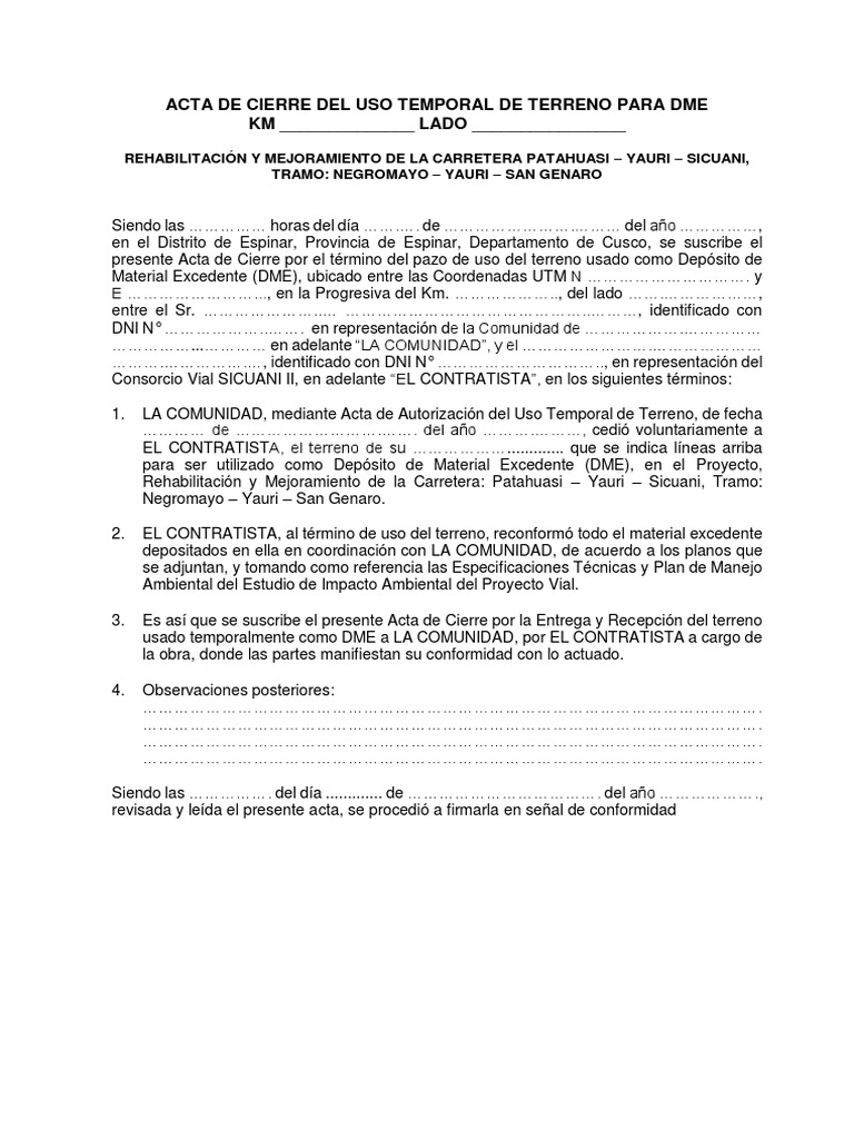 Modelo - Acta de Cierre Del Uso Temporal de Terreno - Dme Comunal | PDF