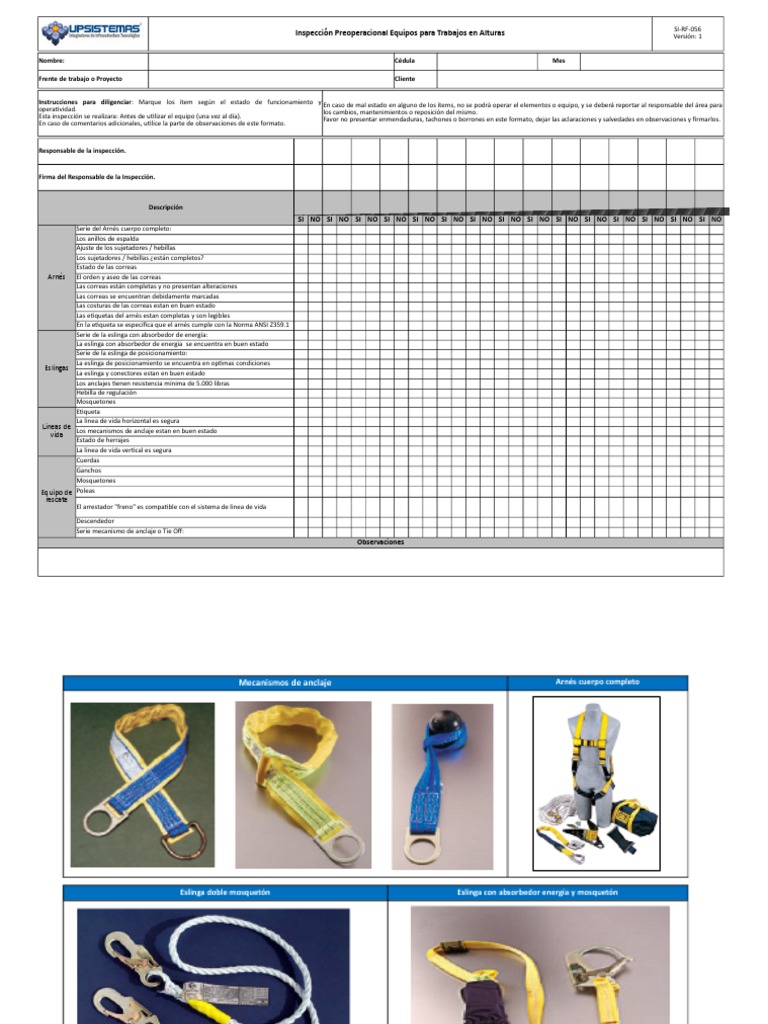 Inspección Preoperacional Equipos Para Trabajos en Alturas | Equipo