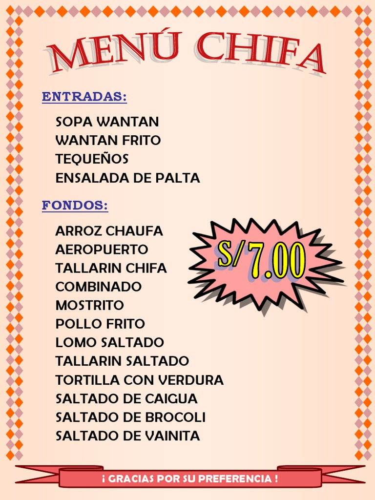 Menú de Entradas y Fondos de Chifa | PDF | Cocina, comidas y vino