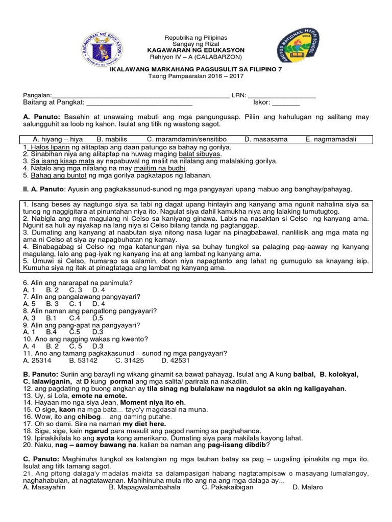 Ikalawang Markahang Pagsusulit Sa FILIPINO 7 Final (2016 - 2017) | PDF