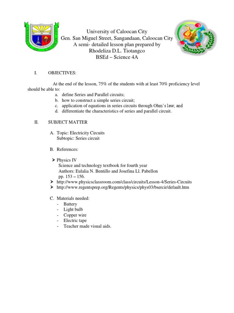 Lesson Plan Electricity Circuits | PDF | Series And Parallel Circuits ...