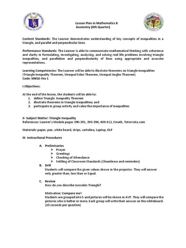 Triangle Inequality Theorem Lesson Plan | PDF | Triangle | Learning