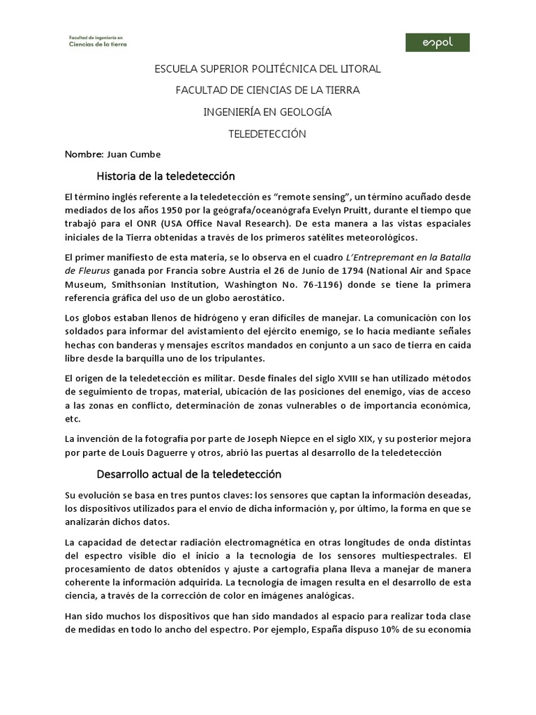 Tarea 1 Historia, Desarrollo y Aspecto Legal de La Teledetección Juan ...