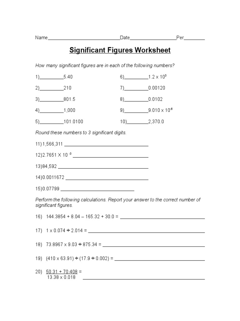 Significant Figures Worksheet | PDF