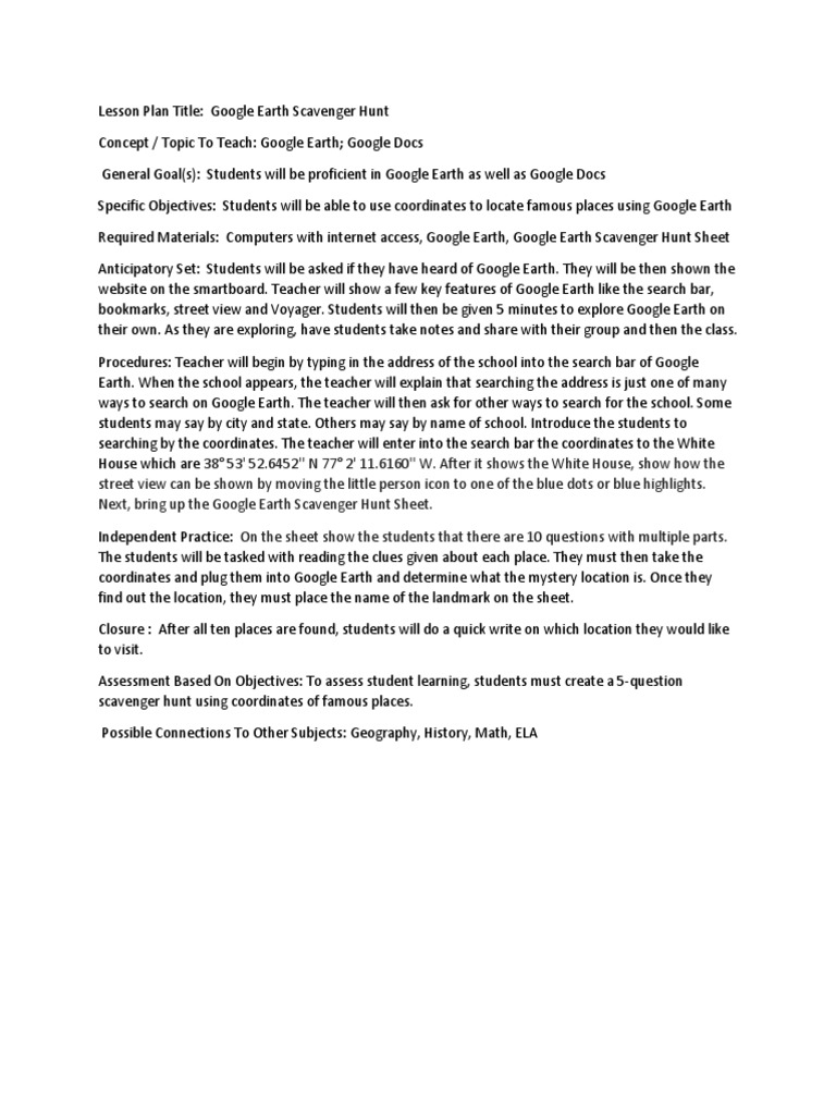 Google Earth Scavenger Hunt Lesson Plan 1 | PDF