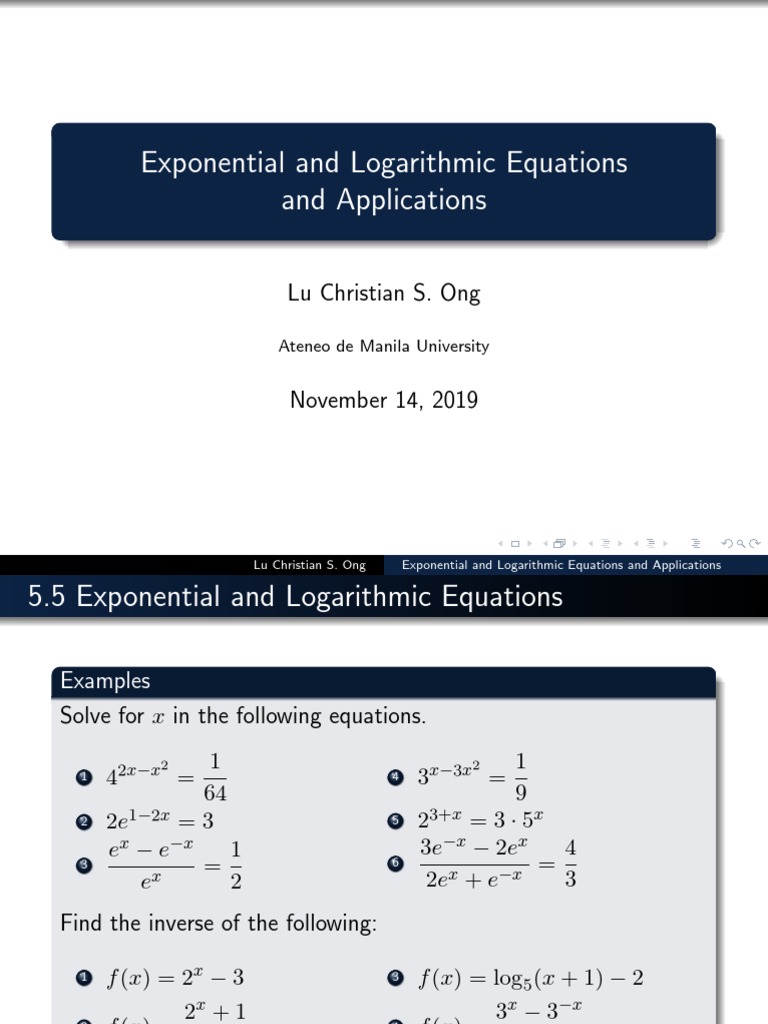 Expo Log Equations and Applications | PDF | Exponential Function | Logarithm