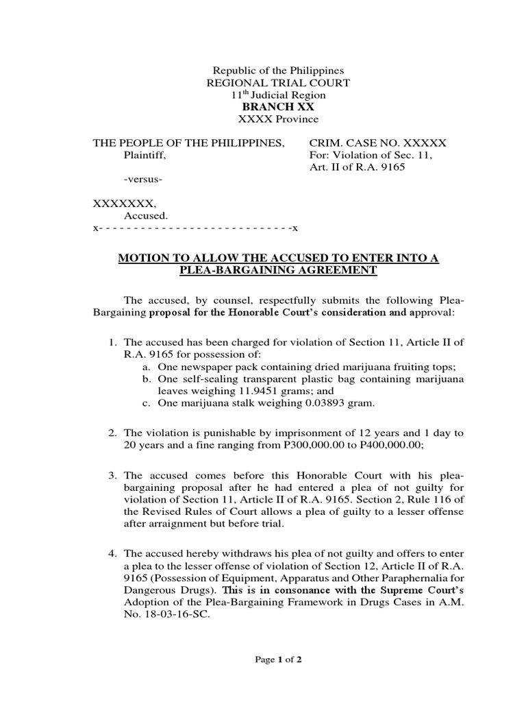 Motion for Plea Bargaining Agreement | PDF | Plea | Plea Bargain