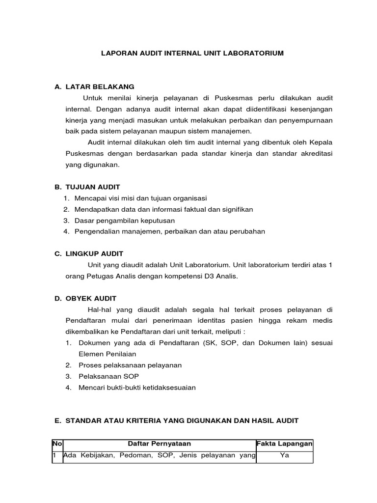 Laporan Audit Internal Laboratorium | PDF