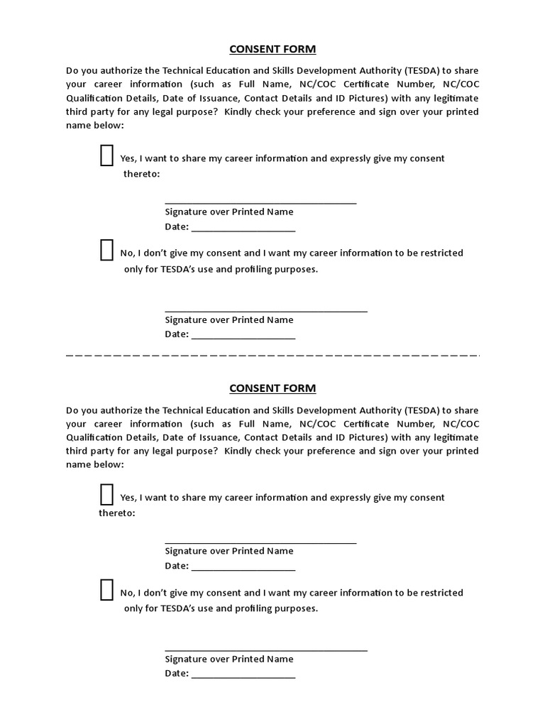 TESDA consent form sharing career details | PDF