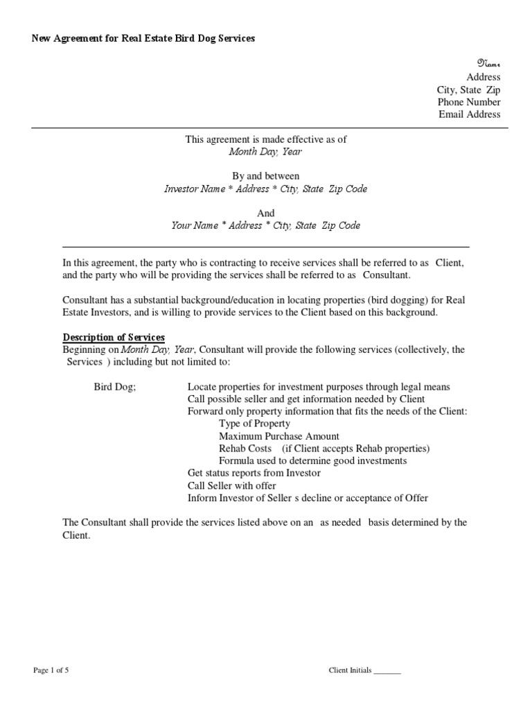 Real Estate Bird Dog Service Agreement | PDF | Employee Benefits ...