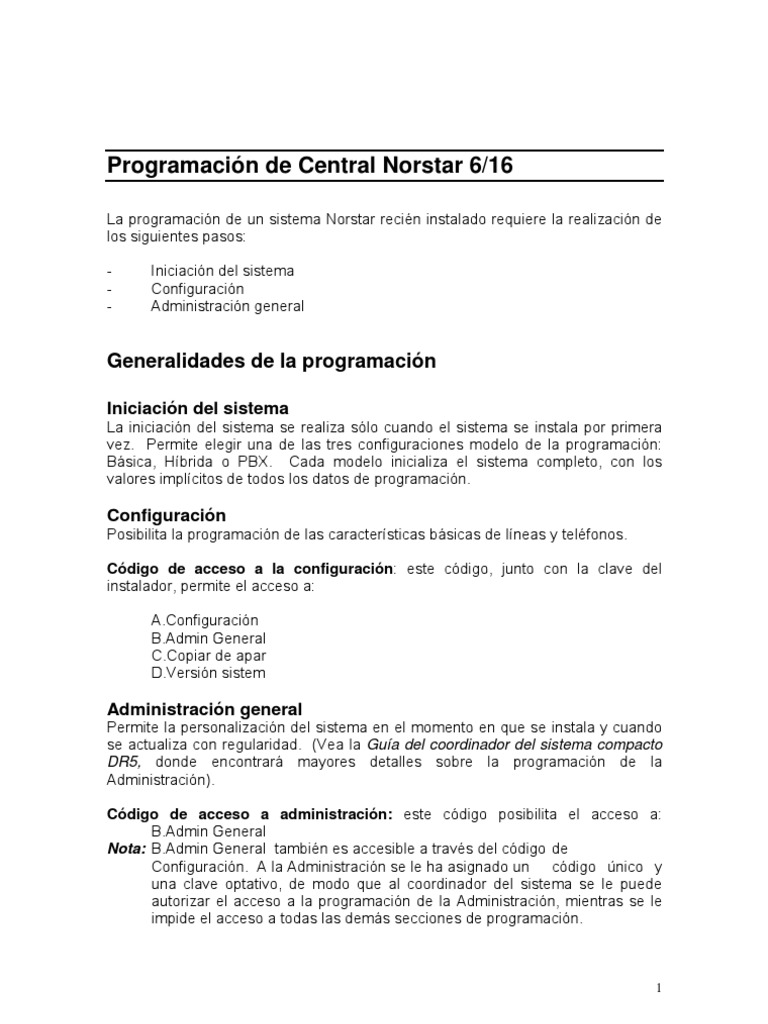 Programación de Central Norstar 6/16 | PDF | Teléfono | Programación de ...