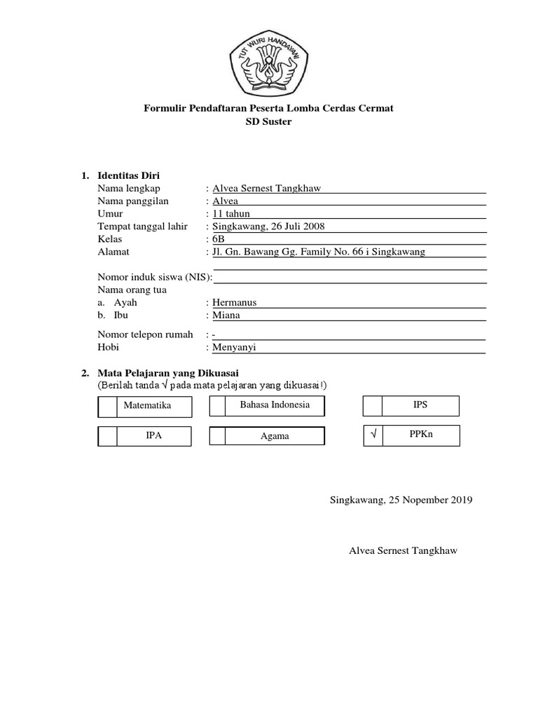 Formulir Pendaftaran Peserta Lomba Cerdas Cermat | PDF