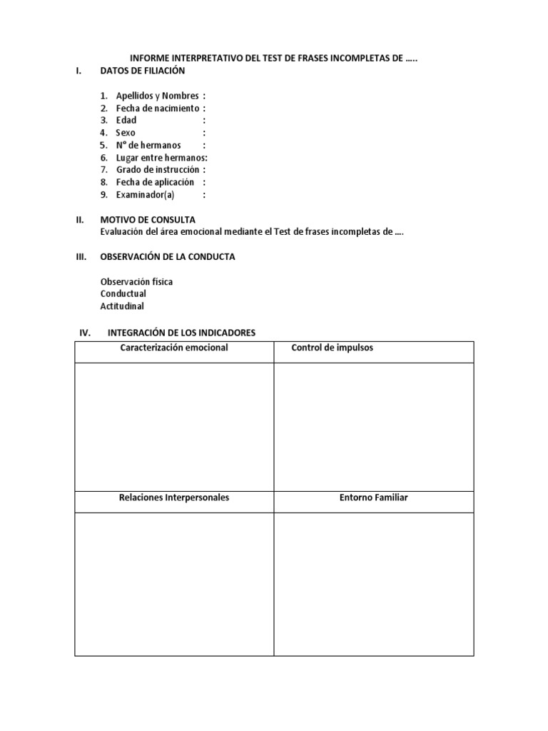 Informe Interpretativo Del Test Sacks o Forer | PDF