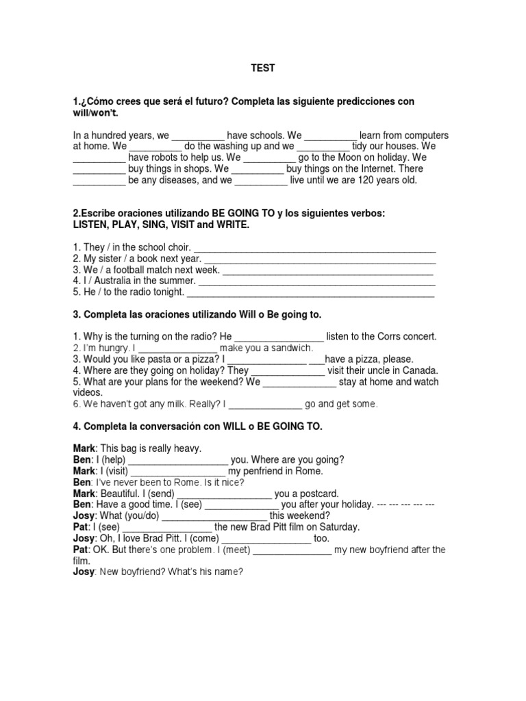 Ejercicios de Will y Going To | PDF