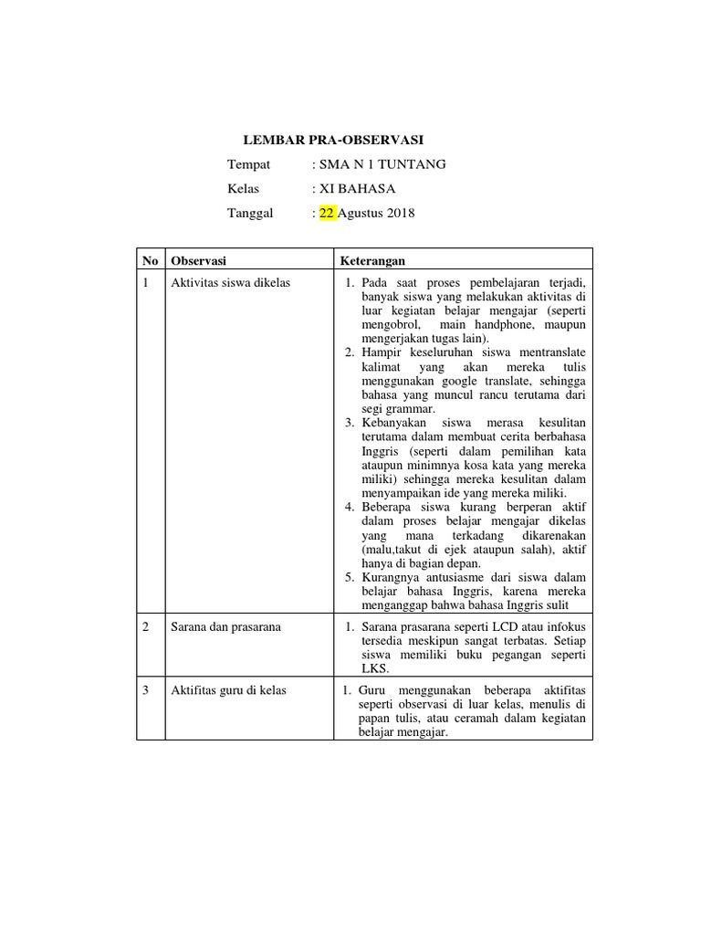 Contoh Pra Observasi | PDF