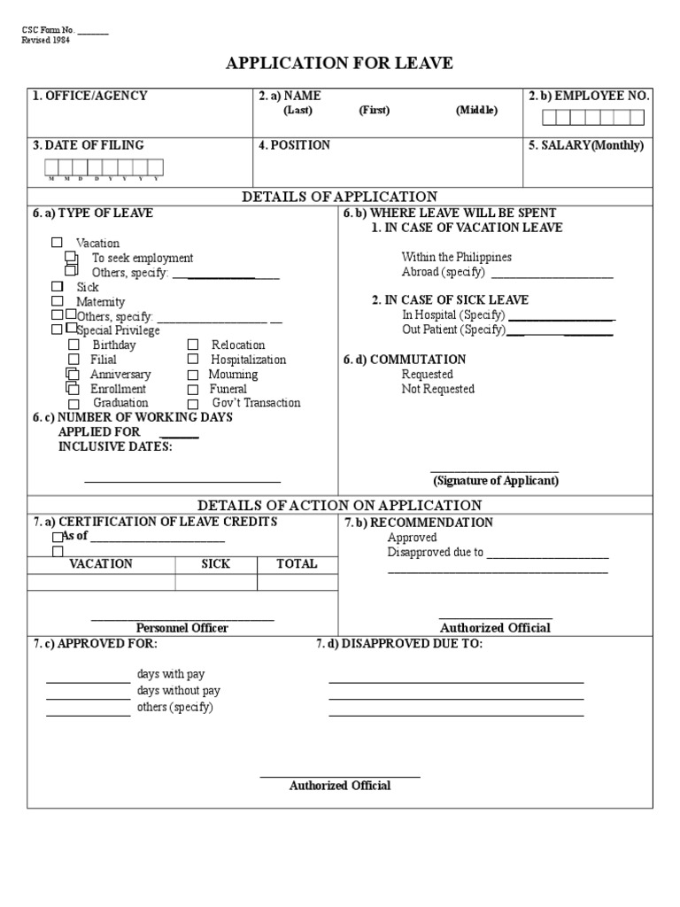 CSC Form - Leave Application | PDF | Government | Business