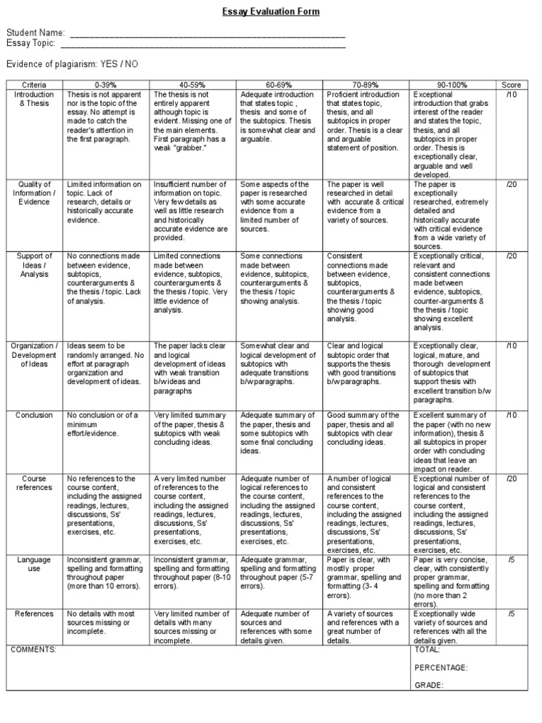 Essay Evaluation Form | PDF | Essays | Thesis