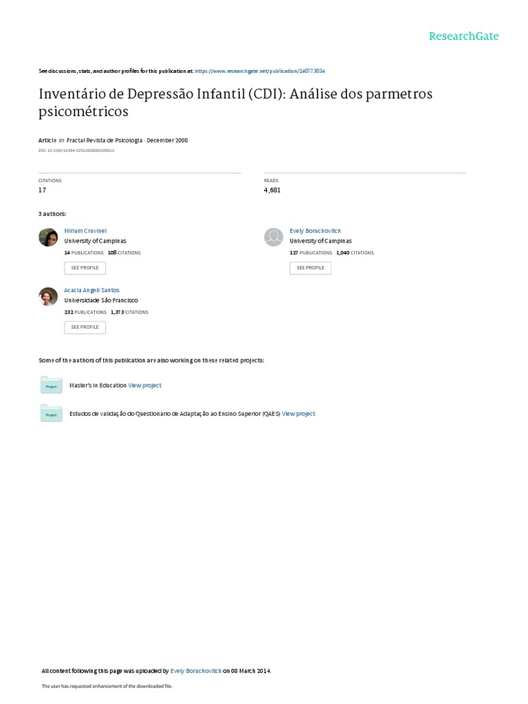 Inventario de Depressao Infantil CDI Analise Dos P | PDF | Depressão | Conceitos psicológicos