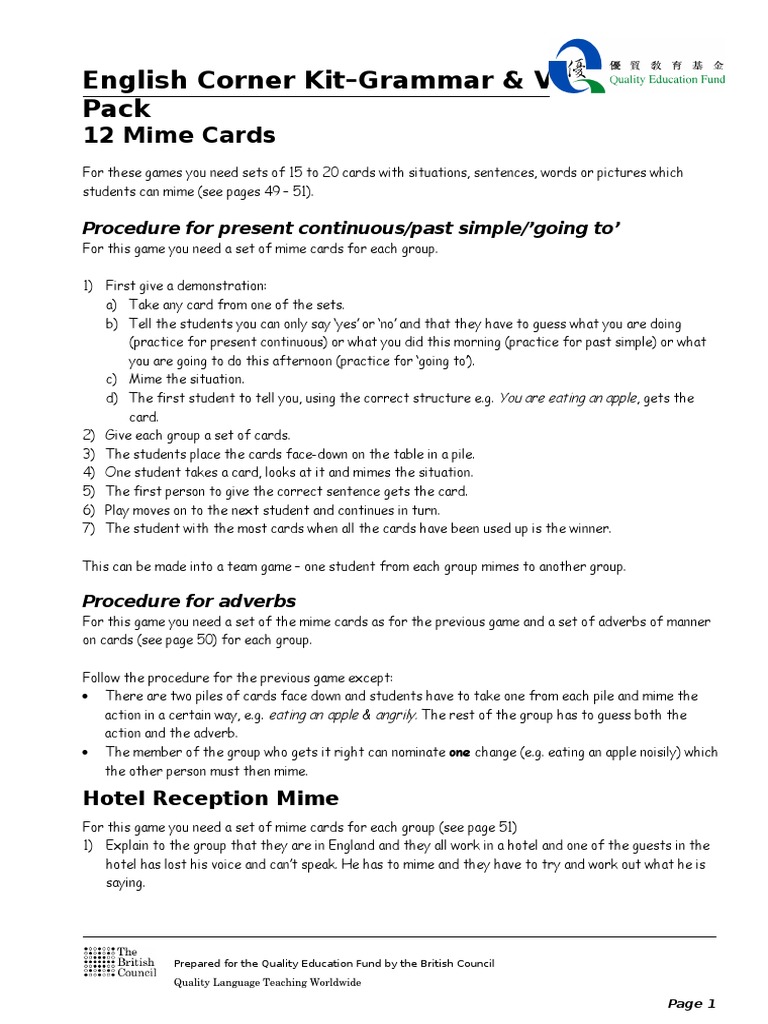 Grammar & Vocabulary Pack - Mime Cards | PDF | English Language ...