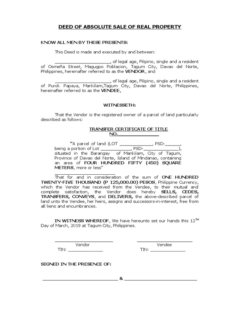 Deed of Absolute Sale | PDF | Deed | Civil Law (Common Law)