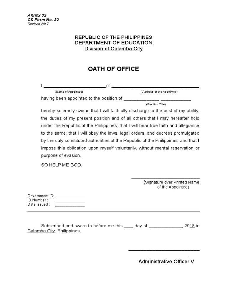 Oath of Office Form for New Government Appointees | PDF | Oath Of ...