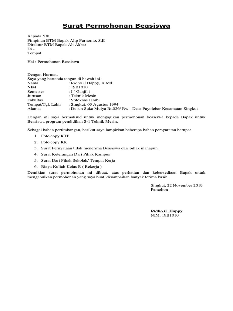 Contoh Surat Permohonan Beasiswa Kuliah Yang Baik Dan Benar | PDF