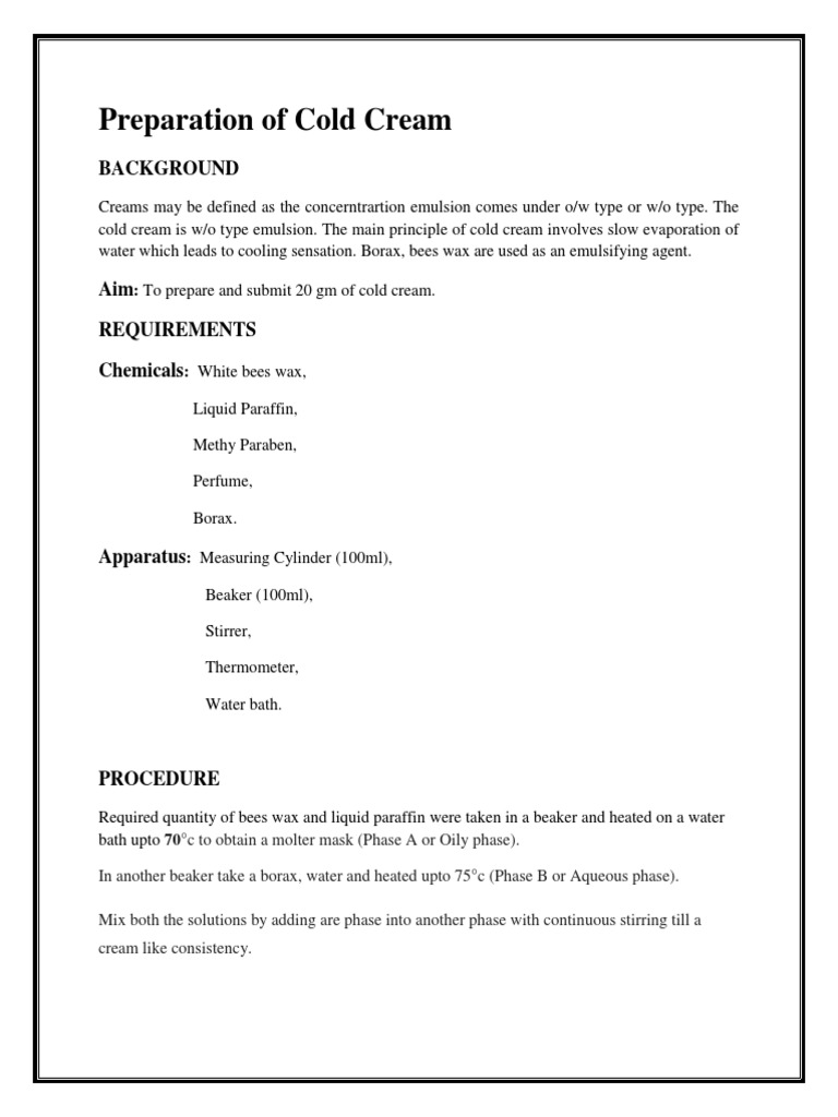 Cold Cream Preparation Guide | PDF | Emulsion | Phase (Matter)