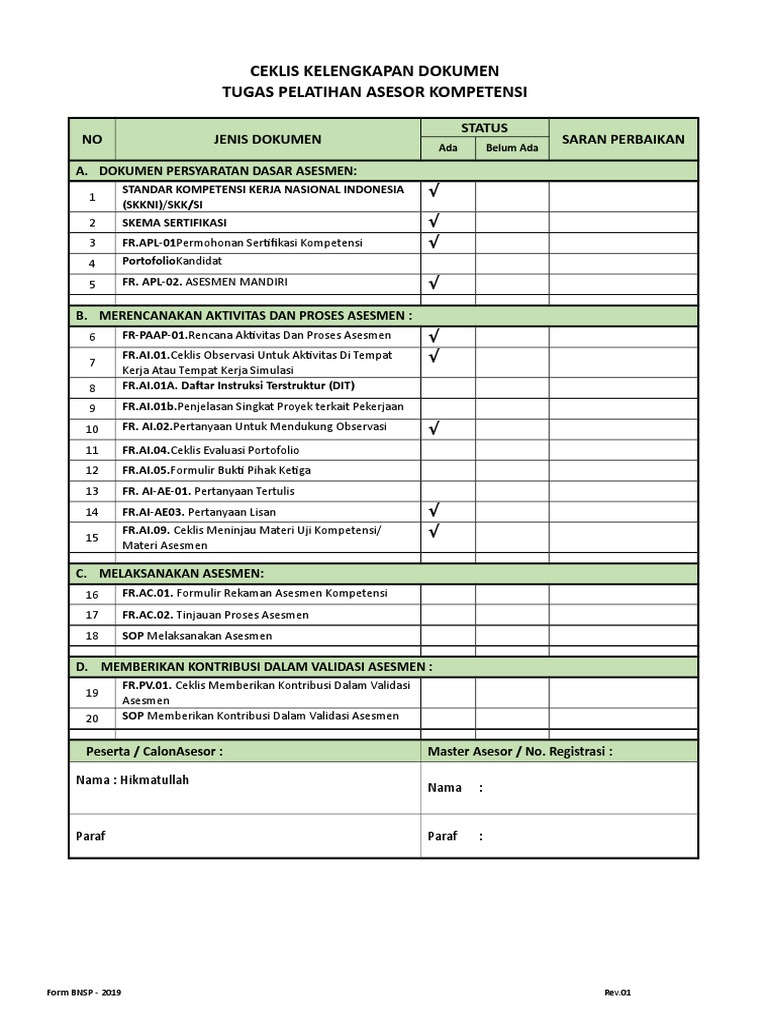 Ceklis Kelengkapan Dokumen 2019 | PDF