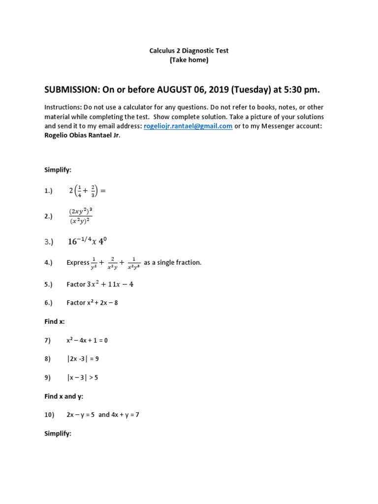 Calculus 2 Diagnostic Exam | PDF | Logarithm | Trigonometric Functions